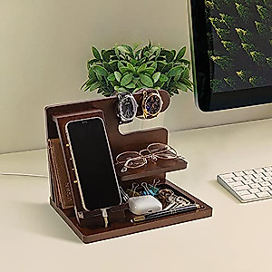 Personalized Wood Phone Docking Station Nightstand Organizer - Wallet Stand Watch Organizer Gadgets For Men Women Husband Boyfriend Dad Son Grandpa Gifts - Birthday Anniversary Fathers Day Christmas