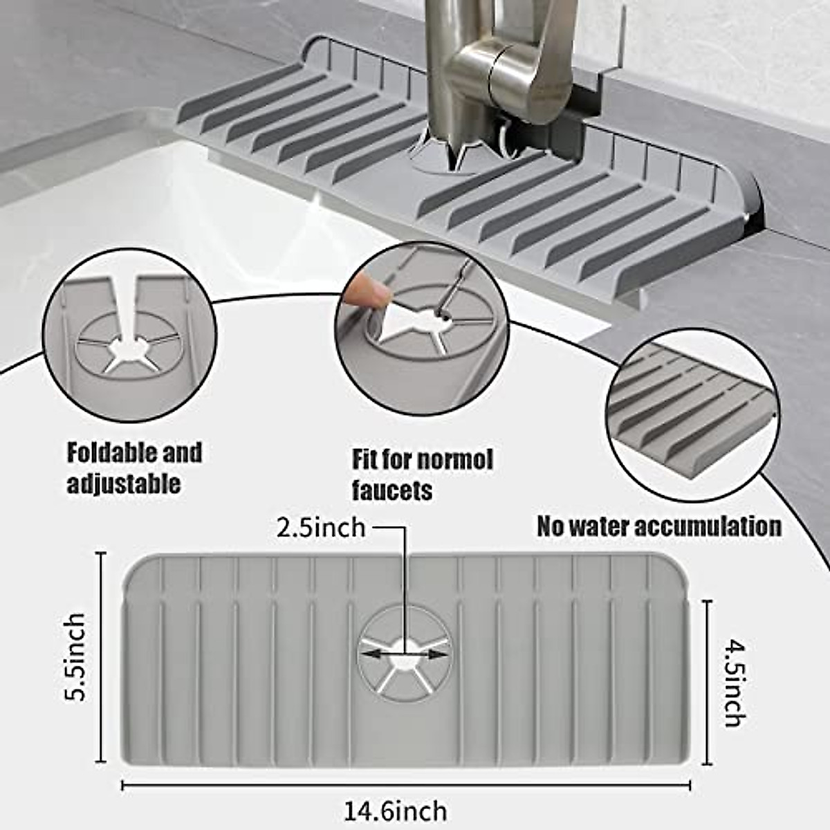 2-Pack Kitchen Sink Splash Pads, MORROT Kitchen, Bathroom Silicone Handle Drip Tray, Sink Drain Tray Drying Pads Countertop Splash Pads, Silicone Faucet Pads (Grey)