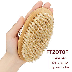 Ftzotof Dry Brush, Dry Brushing Body Brush with Natural Bristles, Exfoliating Brush Body Scrub for Dry Skin, Cellulite Treatment, Lymphatic Drainage and Blood Circulation Improvement, Medium Strength