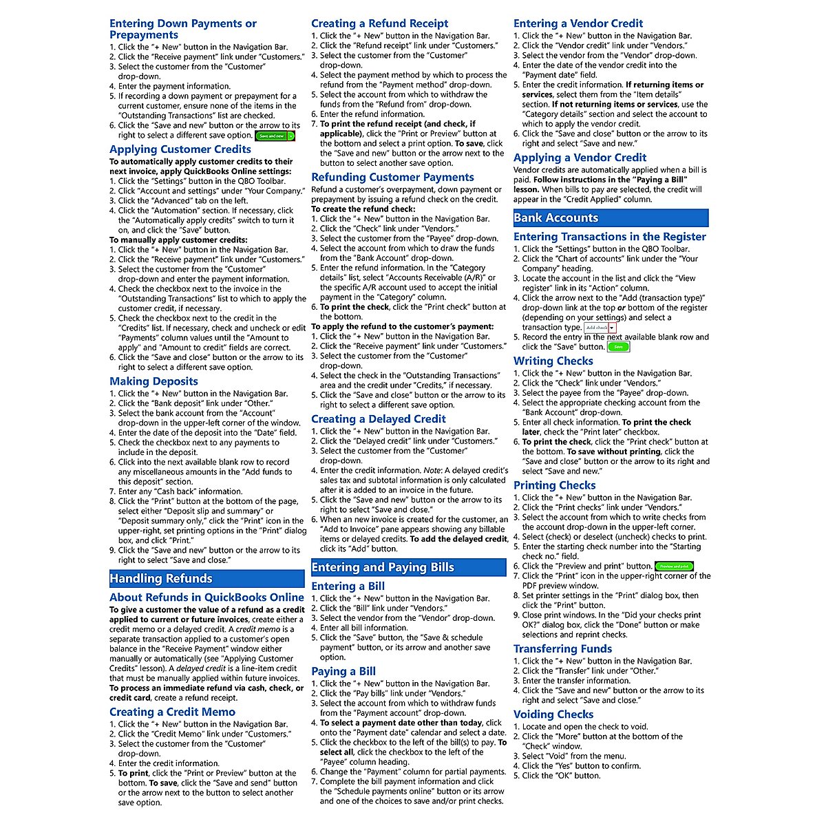 QuickBooks Online Quick Reference Training Card - Laminated Tutorial Guide Cheat Sheet (Instructions and Tips)