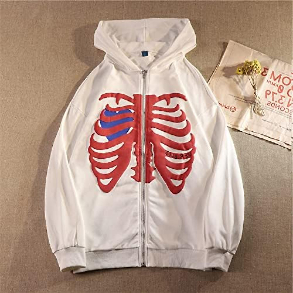 MARLLCO Skeleton Zip Up Hoodie Y2k Skeleton Sweatshirt Jacket Skeleton Hoodies for Men Women Thoracic Heart Skull Hoodie (White,XXL)
