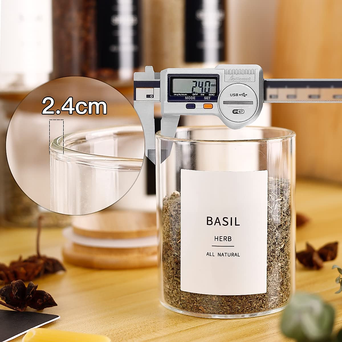 CZZGSM 24 Pcs Glass Spice Jars With 296 Spice Labels Preprinted of White and Black Color- 4oz Thicken(2.4mm) Spice Containers With Bamboo Airtight Lids - Empty Small Herb Seasoning Jars