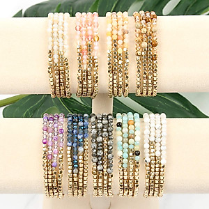 RIAH FASHION Delicate Boho Beaded Multi Layer Versatile Bracelets - Stackable Stretch Bangles Sparkly Crystal, Natural Stone (Delicate Natural Stone & Gold Mix)