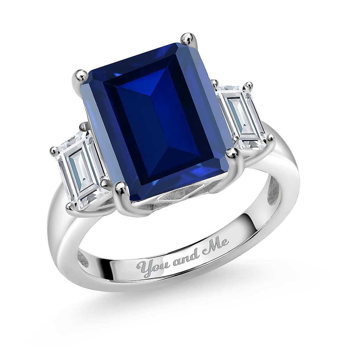 Gem Stone King 925 Sterling Silver Customized and Personalized Gemstone Birthstone 3-Stone Name Engraved Ring For Women | 7.60 Cttw | Emerald Cut 12X10MM and 6X4MM | Available In Size 5, 6, 7, 8, 9
