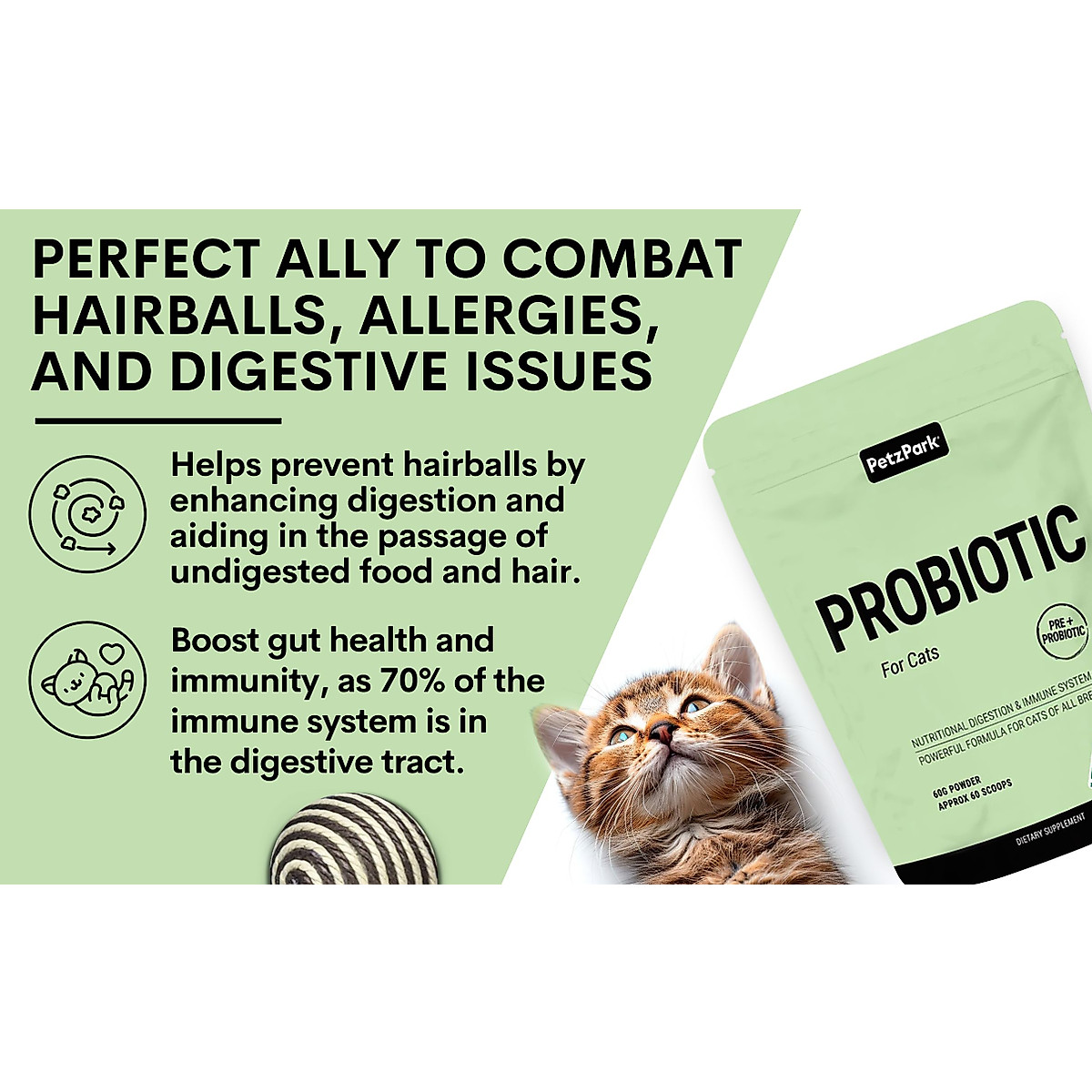 Probiotic for Cats & Kittens - Cat Probiotic Powder for Hairball Prevention, Digestive Support, Immune Health, Prebiotics, and Diarrhea Relief - Suitable for Indoor Cats & Kittens - 60 Scoops