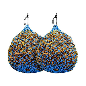 Majestic Ally 2 Pcs 1.25”x1.25” Holes Ultra Slow Feed 40” Very Sturdy Hay Net with Bottom Ring for Goat, Sheep and Livestock Simulatr grazing, Reduces Waste (Hurricane Blue)