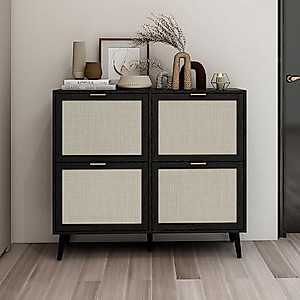 ZeHuoGe Large Rattan Shoe Cabinet with 4 Flip Drawers, Black 2-Tier Shoe Rack Boho Storage Cabinet for Heels, Boots, Slippers, Free Standing Shoe Rack, Entrance Hallway (Black)