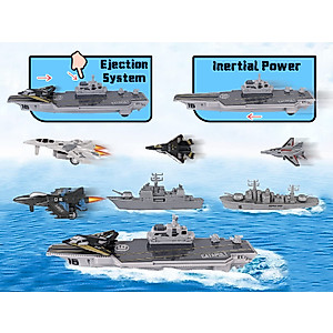 Crelloci Aircraft Carrier Military Naval Ship with Pull Back Army Fighter Jet Toy Small Scale Model Plane Submarine Kids' Play Vehicle Set for Boy Girl Children