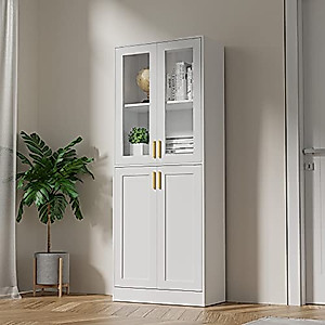 Cozy Castle China Cabinet For Office Storage, Pantry with Acrylic Glass Doors and Adjustable Shelves, 70" Tall Display Bookcase, White