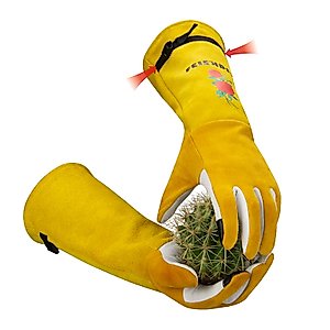 FEISHDEK Garden Gloves Women/Men Thorn Proof, Deerskin Suede, 2 Layers Leather Rose Pruning Long Gardening Gloves for Cactus Handling (Medium - Long Sleeve, Yellow)