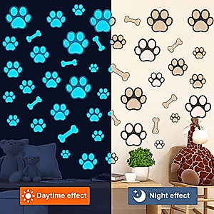 Dog Paw Print Stickers Glow in The Dark Wall Decals Pup Dog Room Decor Stickers Vinyl Dog Paw Bone Wall Decals Removable Animal Footprint Decal for Kids Boys Girls Bedroom Nursery Floor Ceiling Decor (Sky blue)
