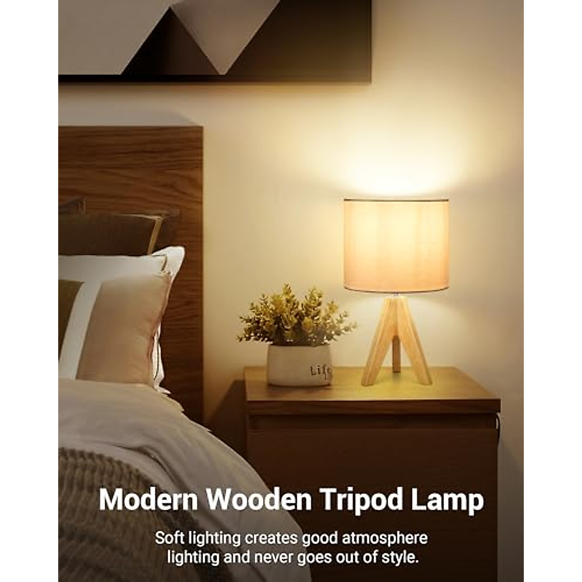 DEWENWILS Mid Century Bedside Lamp, Small Tripod Table Lamp with Linen Fabric Shade, Wood Nightstand Lamp for Nursery, Living Room, Bedroom, End Table, UL Listed, 14.2 Inch, ON/Off Switch