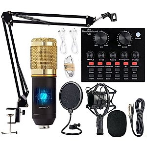 KOKITEA Podcast Equipment Bundle, BM-800 Mic Kit with Live Sound Card, Adjustable Mic Suspension Scissor Arm, Metal Shock Mount and Double-Layer Pop Filter for Studio Recording & Broadcasting