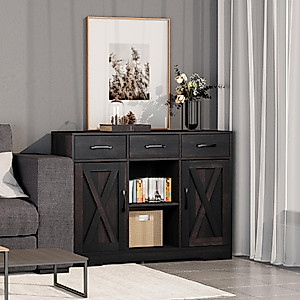 VVFLU Sideboard Buffet Cabinet with Storage Kitchen Farmhouse Coffee Bar Cabinet, Drawers, Removable Wine Rack, Wine Glass Rack, Barn Doors, Adjustable Shelves for Dinning Room, Brown (Dark Wood)