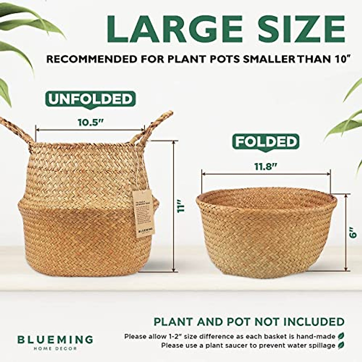 Blueming Home Decor Plant Basket – Large Seagrass Belly Basket Planter, Woven Rattan Wicker Plant Pot for Tall Indoor Plants with Handles, Round Decorative Boho Planters (Original, 10-11 Inch)