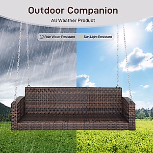 Outvita Porch Swing, 5FT Hanging Outdoor Porch Swings for Adults, Wicker 3 Person Patio Swing, with Cushion, Pillow and Chain for Garden, Backyard, Weight Capacity - 1000lbs