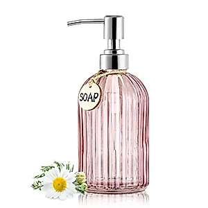 MOCLIF 16OZ Fashion Stripe Clear Glass Refillable Soap Dispenser with 304 Stainless Steel Pump Premium Soap Dispenser， for Kitchen, Bathroom, Hand Sanitizer, Liquid Soap, Lotion, etc. (Clear Pink)