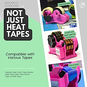 Echomerx Multi-Roll Heat Tape Dispenser Sublimation - Best Cut Heat Resistant Thermal Tape for Sublimation Transfer, Pen Holder, 1 and 3 inch Core, Optional Heat Press Tape Pack, Pink