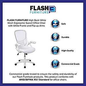 Flash Furniture High Back White Mesh Ergonomic Swivel Office Chair with White Frame and Flip-up Arms 26.5D x 26.5W x 44H in