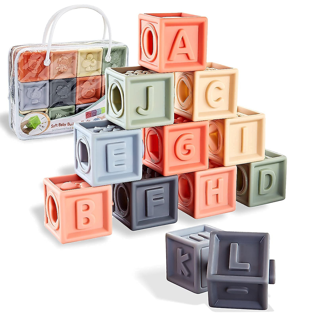 Kingtree Baby Blocks (Set of 12), Soft Silicone Building Blocks Squeeze Stacking Toys for 6+ Months Babies, Colorful Early Educational Puzzle Toy for Toddlers with Numbers Animals Shapes Textures