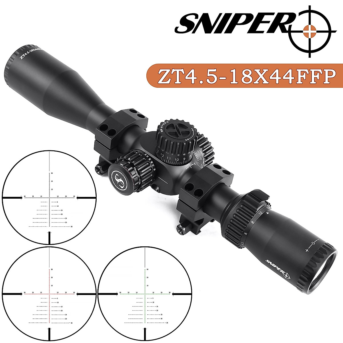 ZT4.5-18X44FFP 30mm Scope First Focal Plane Riflescope with Red/Green Illuminated Reticle Multi-Coated lenses, QTA (Quick Target Acquisition) Turrets with Lens Covers/Scope Rings
