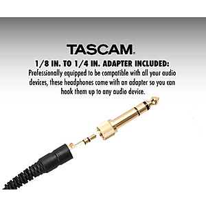 Tascam TH-03 Studio Headphones – Closed Back, Padded, Adjustable Pro Audio Headset with Gold Tip 1/8 inch to 1/4 inch Adaptor