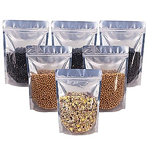 Belinlen 100 Pack 6 x 9 Inch Stand Up Pouch Bags Zipper Mylar Bags Clear Front with Aluminum Foil Back Reusable Food Storage Bags for Multipurpose with Gusset Bottom(5.5mil Thickness)