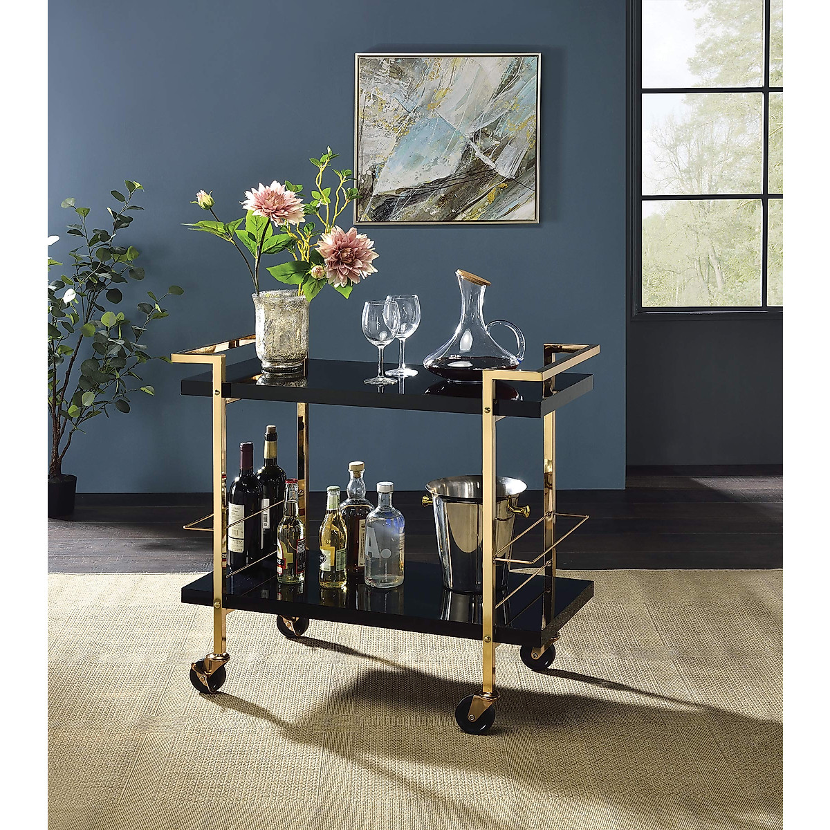 OSP Home Furnishings Alios Modern Serving Cart, Black Gloss Finish and Gold Frame