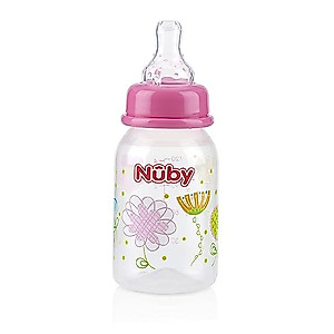 Nuby Printed Non-Drip Bottle, 4 Ounce, 1 Pack of 1 Bottle, Colors May Vary