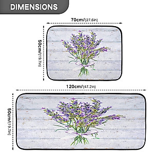 Washable Kitchen Rugs Set 2 Piece Vintage Provencal Lavender Flowers Anti Fatigue Floor Mats Bathroom Carpet, 27"x19" and 47"x19"