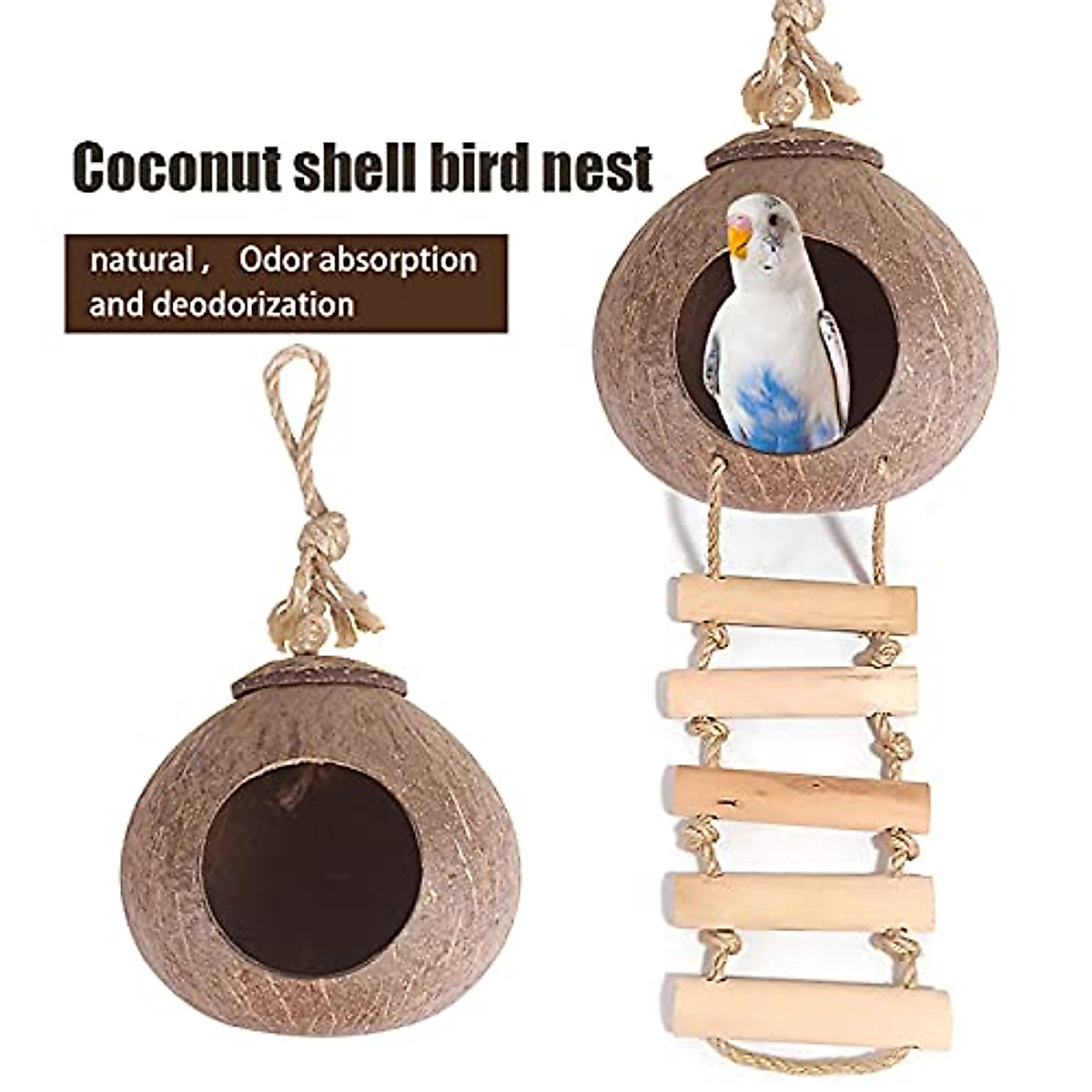 Coconut Bird Nest Hut, Natural Coconut Fiber Hanging Birdhouse Cage Breeding Nesting Bird Aviary Cage Box Anti-Pecking Bite for Parakeet Budgie Cockatiel Finch Sparrows