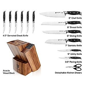 BRODARK Kitchen Knife Set with Block, Full Tang 15 Pcs Professional Chef Knife Set with Knife Sharpener, NSF (Food Safe) German Stainless Steel Knife Block Set, Steel-king Series with Gift Box