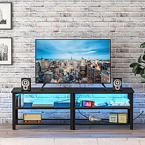 Clikuutory Modern Black 63 inch Metal TV Stand with LED Lights and Power Outlets for 40 50 55 60 65 70 Inch TVs, 3 Tier Television Stands with Entertainment Center and Storage for Living Room, Bedroom
