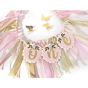 Pink Golden Floral High Chair Banner - Rose 1st Birthday Highchair Banner, Girls’ 1st Birthday Decoration, Pink First Birthday Decor, One High Chair Banner, 1st Birthday Party Decorations for Girls,