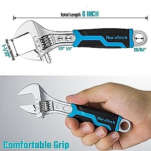 DURATECH 6 Inch Adjustable Wrench, 3-in-1 Spanner with Box End/Hex Function, CR-V Steel, Metric & SAE Scales, Chrome-plated, Bi-material soft Grip