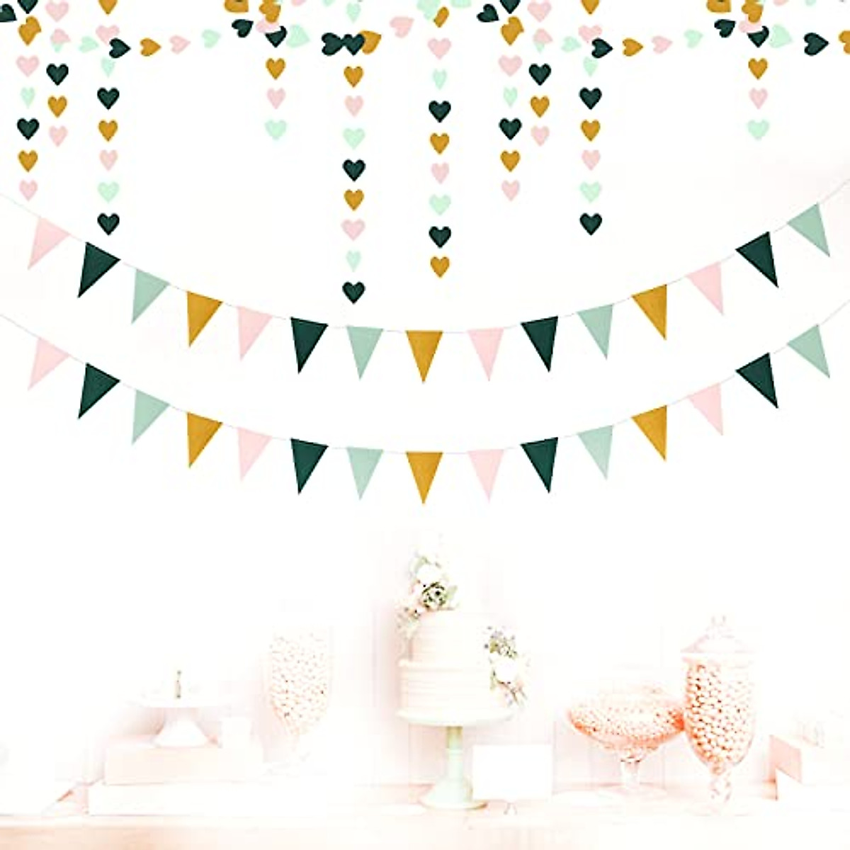 Sage-green Mint Pink-Gold Love-Heart Garland - 52Ft Rustic Wedding Hanging Decoration Streamers Banner,Valentines Mothers Day Bachelorette Bridal Shower Engagement Party Bunting Lasting Surprise