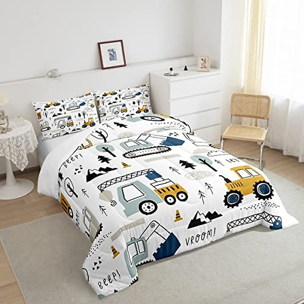 Cartoon Car Kids Comforter Set Construction Bedding Set Decor Equipment Trucks Comforter Cartoon Car Excavator Tractor White Yellow Duvet Set Bedroom Quilt Set 3Pcs Full