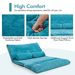Moccha Convertible Floor Sofa Bed, 6-Position Adjustable Folding Sleeper Bed Lazy Sofa with 2 Pillows & Corduroy Fabric, Foldable Sofa Couch Recliner for Reading, Gaming, Sleeping, Playing, Turquoise