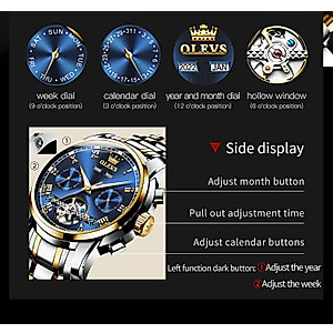 OLEVS Watches for Men Automatic Mechanical Self Winding Blue Dress Tourbillon Stainless Steel Dual Calendar Waterproof Luminous Wrist Watch