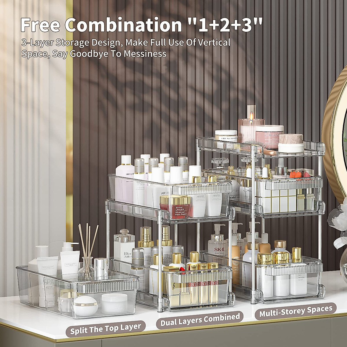 WAKISA Clear Bathroom Organizers 3 Tier, Pull Out Organizer and Storage with 2 Cups, Slide Out Drawer Storage Container with 6 Dividers, Multi-Purpose Bathroom Organizer, Kitchen Under Sink Organizer