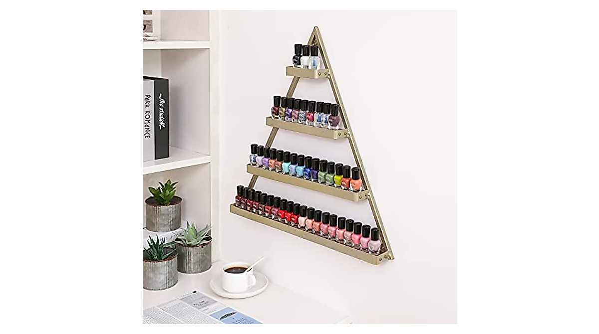 MyGift 4-Tier Modern Triangular Wall Mounted Brass Tone Metal and Burnt ...