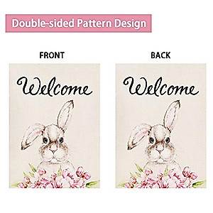 Welcome Floral Bunny Garden Flag Vertical Double Sided Easter Bunny Rabbit, Spring Summer Rustic Farmhouse Yard Outdoor Decoration 12.5 x 18 Inch