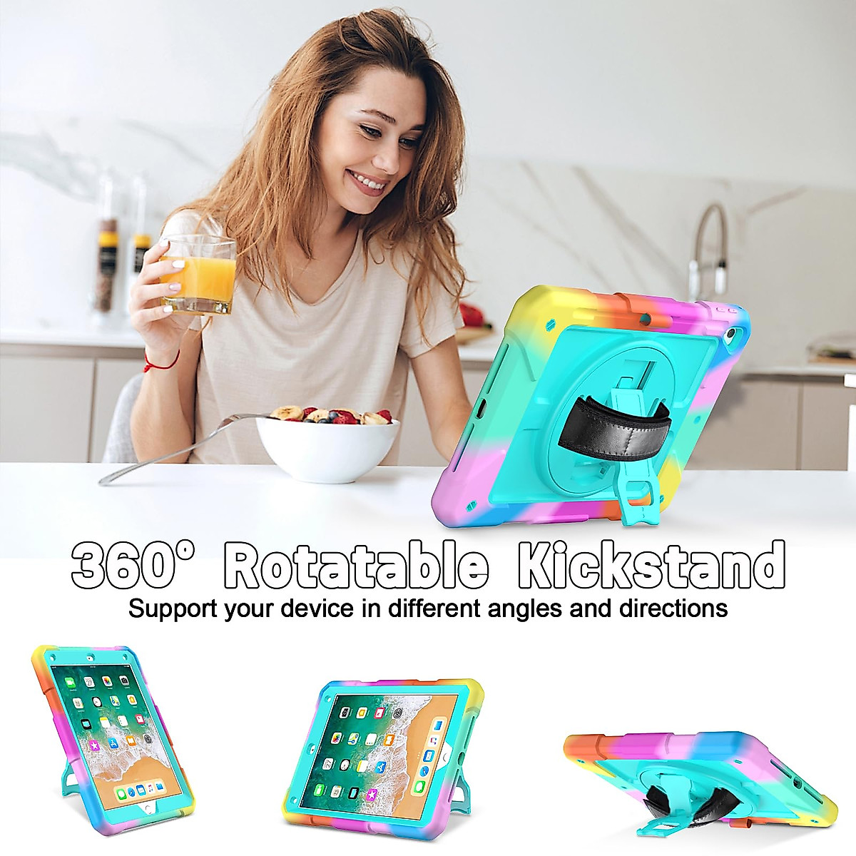 LTROP Protective Cover Case for iPad 6th/ 5th Generation & iPad Air 2 Case, iPad 9.7 Inch Case with Shoulder Strap Pen Holder Swivel Stand, Aqua Teal