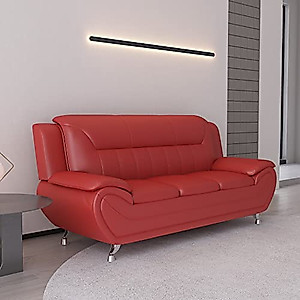 Container Furniture Direct Michael Modern Faux Leather Upholstered Stainless Steel Legs Living Room, Sofa, Persian Red