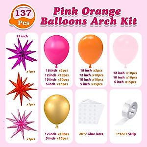 137Pcs Pink and Orange Balloons Garland Arch Kit with Stars - 5 10 12 18 inch Hot Pink Light Pink Orange Gold Latex Balloons for Birthday Baby Shower Graduation Tropical Party Decorations