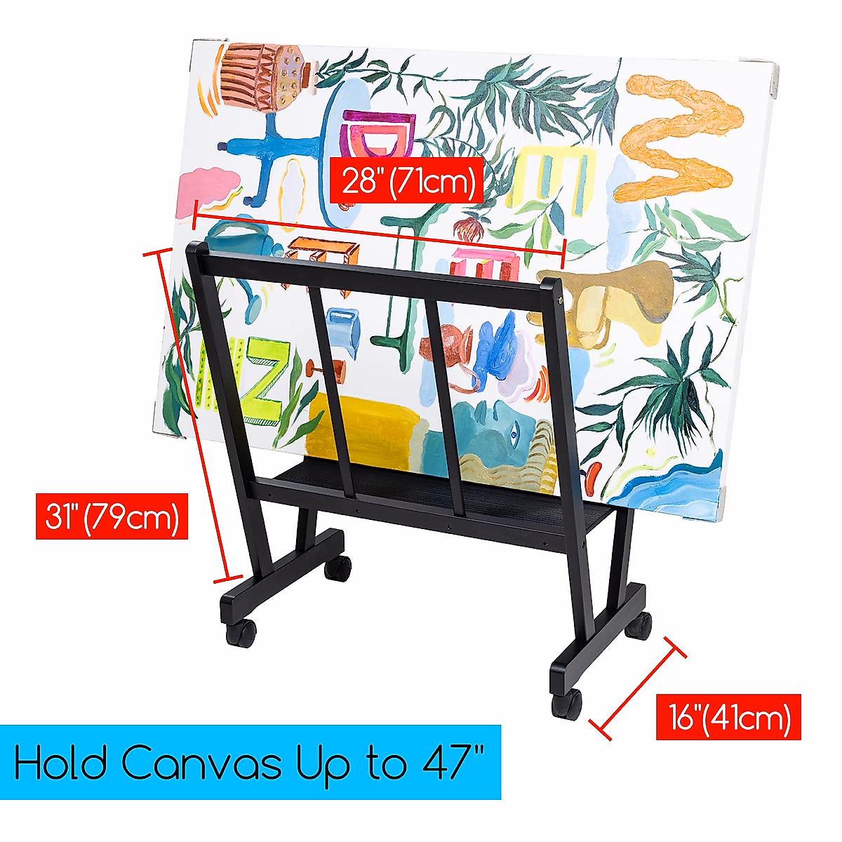 MEEDEN Art Display Print Rack: Artist Storage Rack with Castors for Canvas Organizer - Beech Wood Large Drying Racks for Prints Artworks Panels Posters Stand Art Shows & Galleries - Black