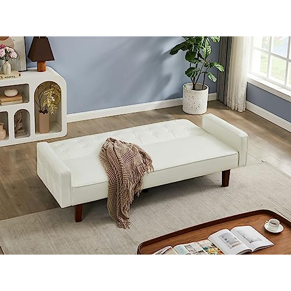 NAHMEY 74" Sleeper Sofa Couch Bed Convertible Sofa, Faux Leather Linen Folding Sofa Bed, Sleeper Couch with Wooden Legs for Living Room, Bedroom