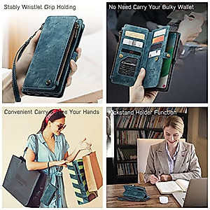 Defencase Samsung Galaxy S21 FE Case, Galaxy S21 FE 5G Case Wallet for Women Men, Durable PU Leather Magnetic Flip Lanyard Strap Wristlet Zipper Card Holder Wallet Case for Samsung S21 FE, Blue-Green