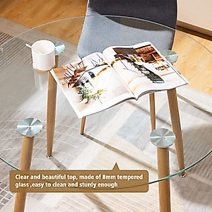 STYLIFING Dining Table Set Modern 5 Pieces Dining Room Set Mid Century Round Tempered Glass Kitchen Table and 4 Deep Grey Modern Fabric Chairs with Metal Legs