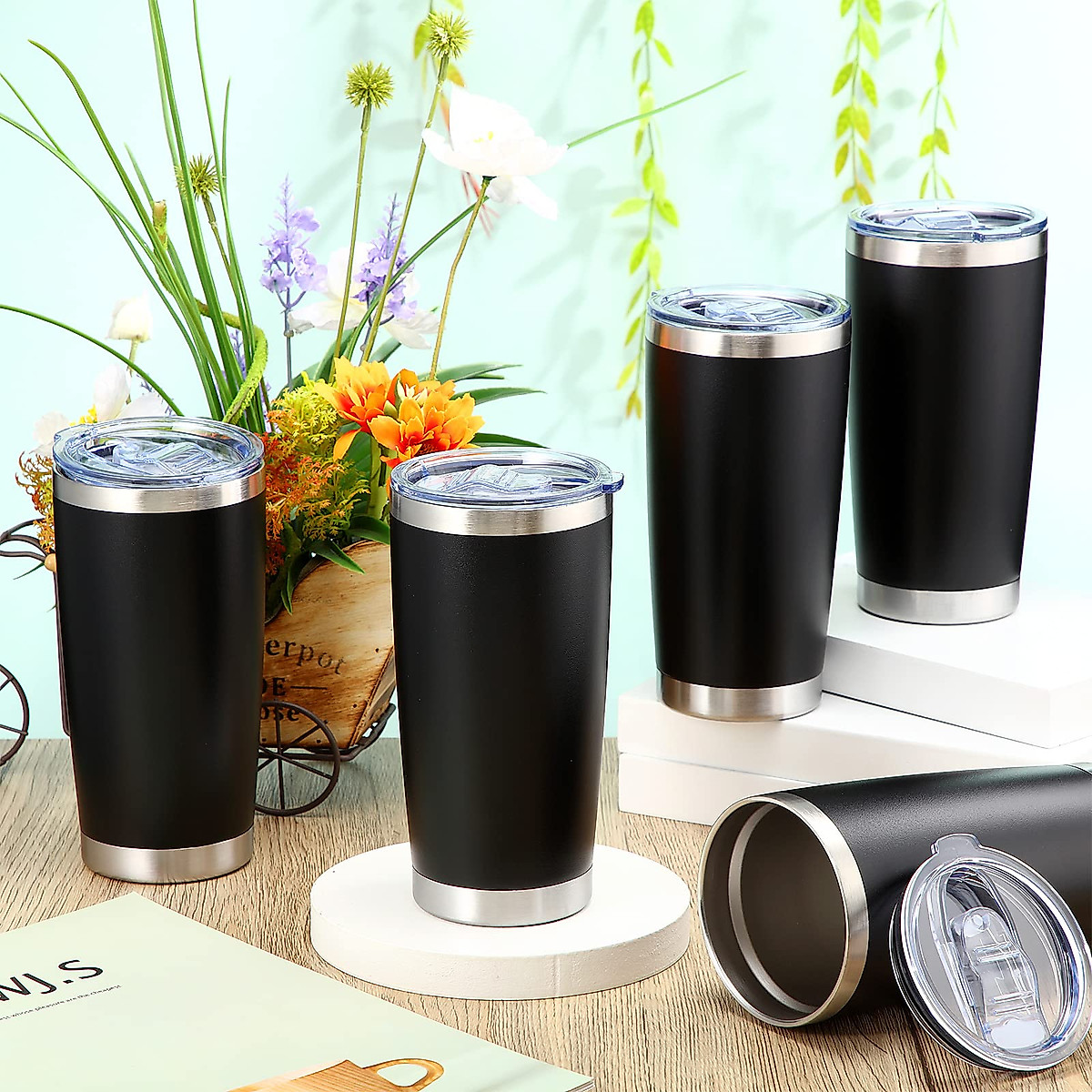 Sieral 36 Packs 20 oz Stainless Steel Tumbler Bulk with Lid Vacuum Double Wall Insulated Travel Coffee Mug Powder Coated Insulated Tumbler Cup for Christmas Wedding Birthday Party Favor Gifts (Black)